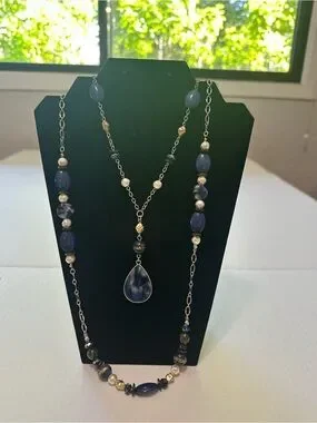 Chico's | Jewelry | Chicos Elegant Blue Beaded Teardrop Necklace Long ...